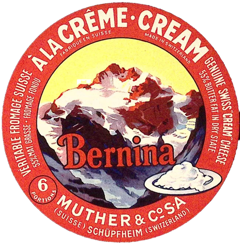 Bernina a la Creme Swiss Cheese Muther & Co Switzerland 4" Label Snowy ...
