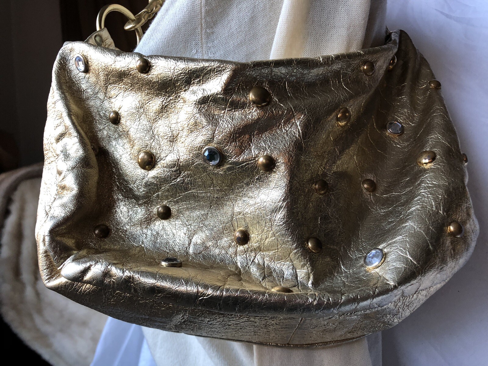 Kiki Pearl Hobo Bag - Gold Metallic with Rhinestones & Metal Studds ...
