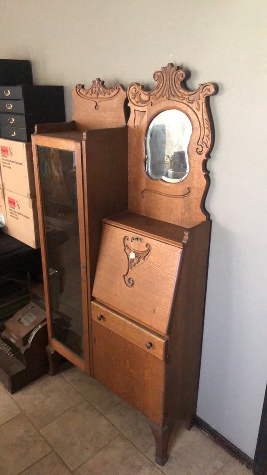 Antique Oak Secretary Side By Side Bookcase Desk With Original Key And ...