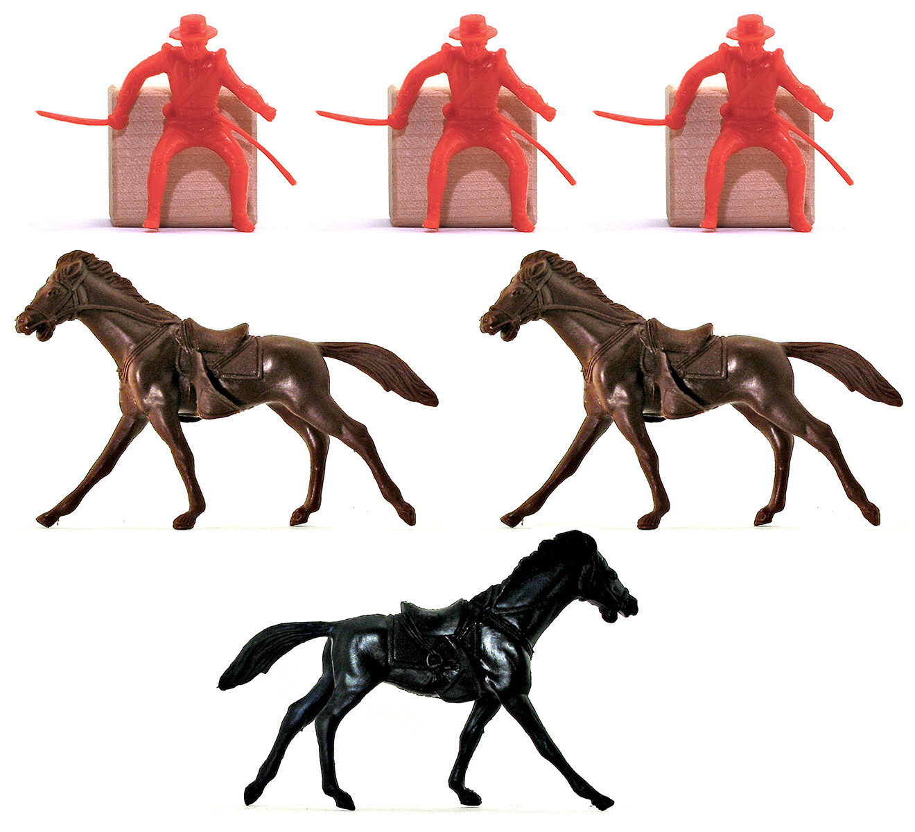 Marx Recast 54mm Mexican Cavalry - 3 with 3 horses - horse colors vary ...