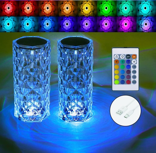 Crystal Table Lamp,RGB Rose Diamond Touch Lamps (2PACK) Color Changing ...