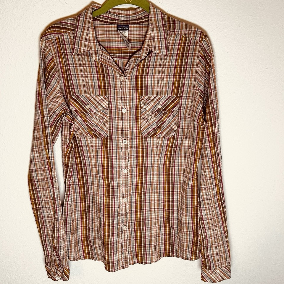 Patagonia Common Threads Shirt Womens Brown Orange Blue Plaid Organic ...