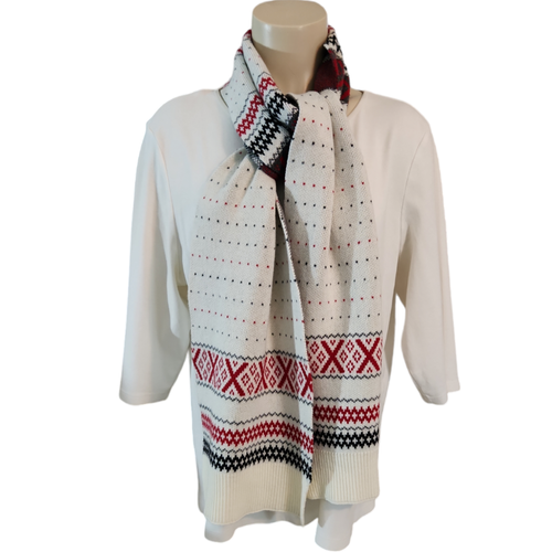 Talbots Fair Isle Cotton Blend Scarf Muffler Red Black Gray Cream 70 x ...
