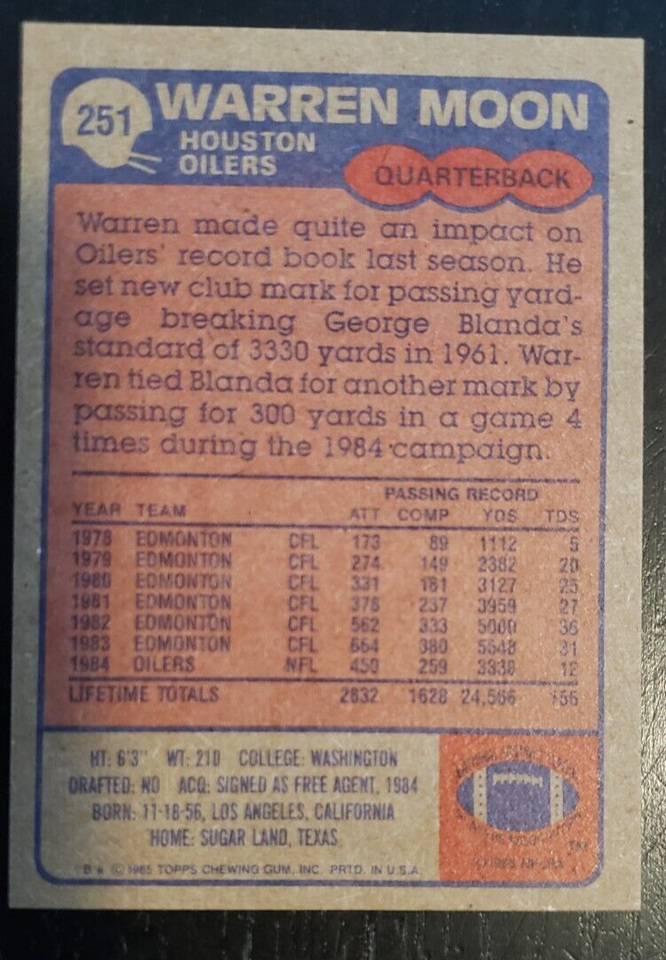 1985 Topps #251 Warren Moon Rookie Card Team: Houston Oilers Football ...