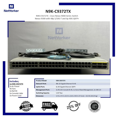 Cisco Nexus N9K-C9372TX 48 Port Gigabit Switch W/ DUAL POWER - Same Day ...