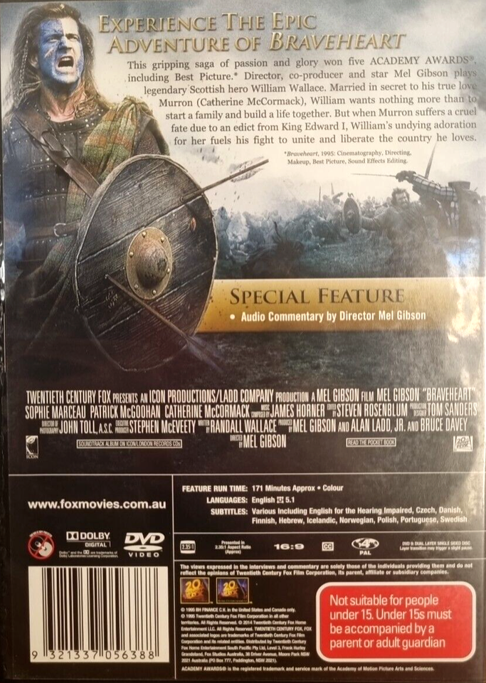 Braveheart (DVD 1995) Mel Gibson, Brian Cox, Brendan Gleeson, Region 4 ...