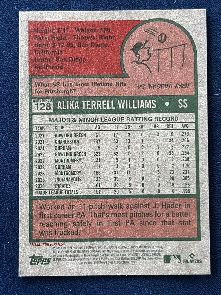 2024 Topps Heritage Alika Williams White Border Rookie Card Pittsburgh ...