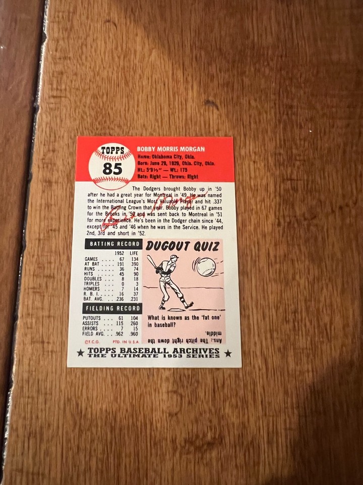 BOBBY MORGAN SIGNED DODGERS AUTOGRAPHED BASEBALL 1953 TOPPS ARCHIVES | eBay