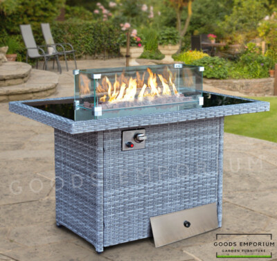 Rattan Gas Fire Pit Table + Lave Stones, Windshield, Removeable lid ...