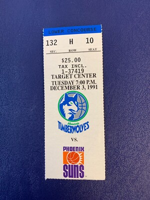 1991 Minnesota Timberwolves Ticket Stub Phoenix Suns 12/3/91 | eBay