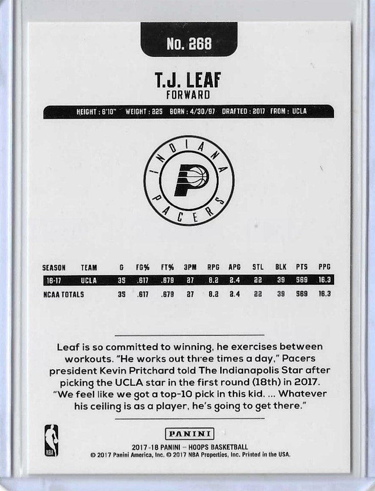 2017-18 Panini NBA Hoops Basketball T.J. Leaf Rookie Card #268 Pacers ...