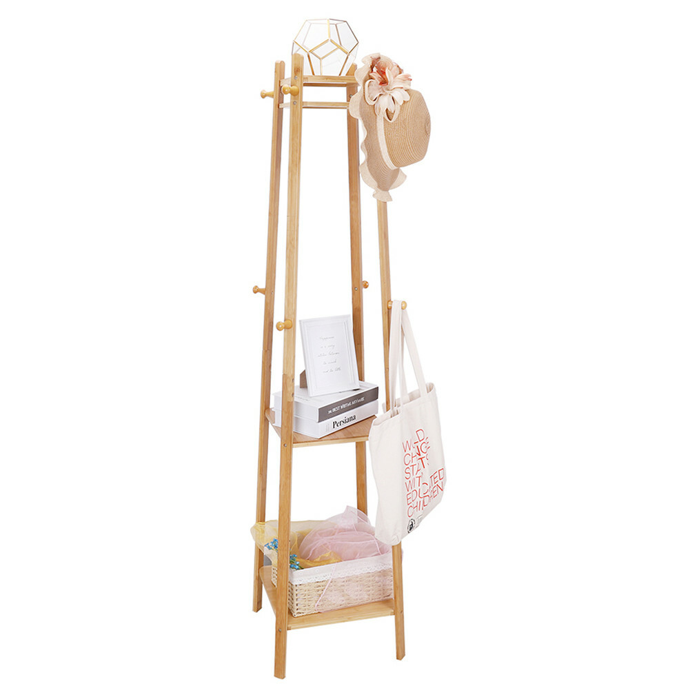 Bamboo Clothes Rail Stand Coat Rack with 2 Ladder Shelves w/Hooks ...