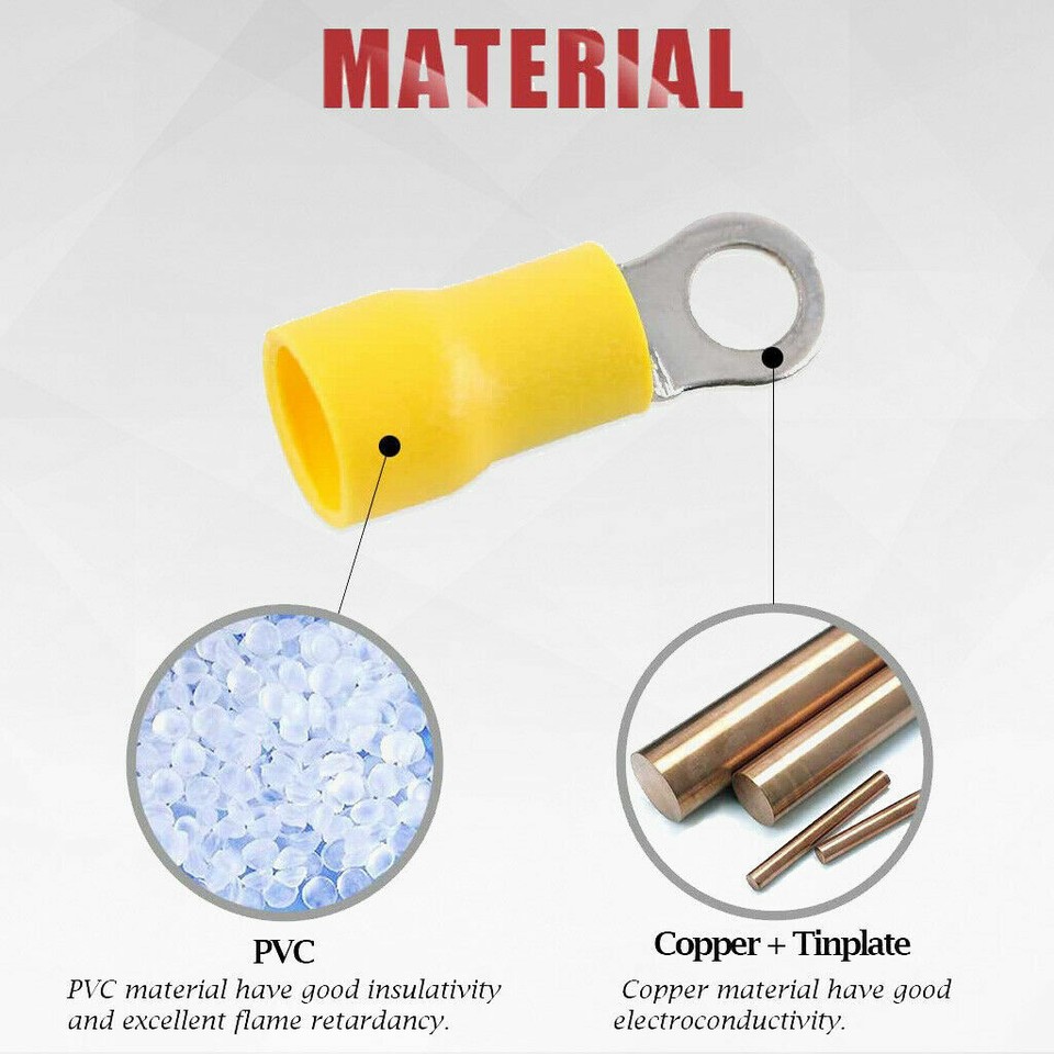 100pcs Vinyl Ring Terminal Connector Yellow 12-10GA Gauge 5/16" Crimp ...