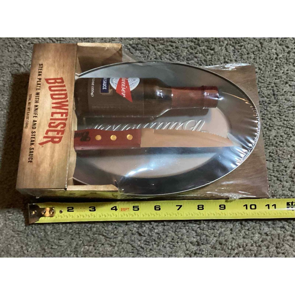 Vintage Budweiser Plate w/ Knife and Steak Sauce 3 Pc BBQ set Bud GIFT ...
