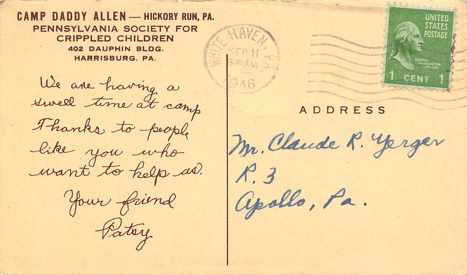 Camp Daddy Allen Patsy Crippled Children Society Pennsylvania 1946 ...