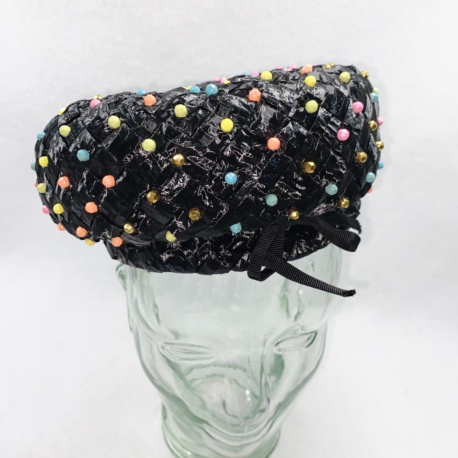 Black Rainbow Neon Rhinestone Studded Beret - Gem
