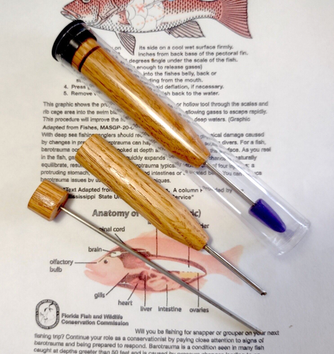 Fish venting tool by CM Venters with case, oak handle, stainless tubes ...