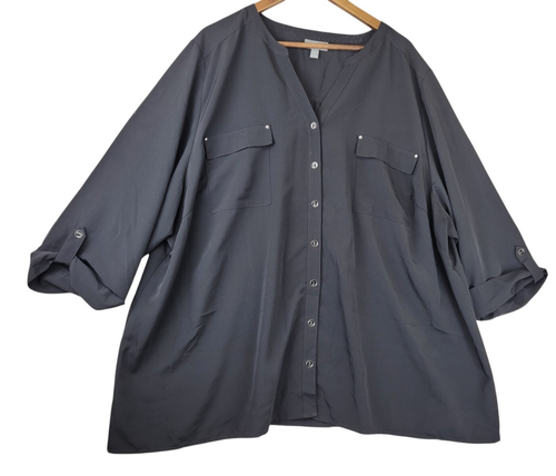 ESSENTIALS Office Top Women 4X Black Roll Tab Sleeve Basic Career ...