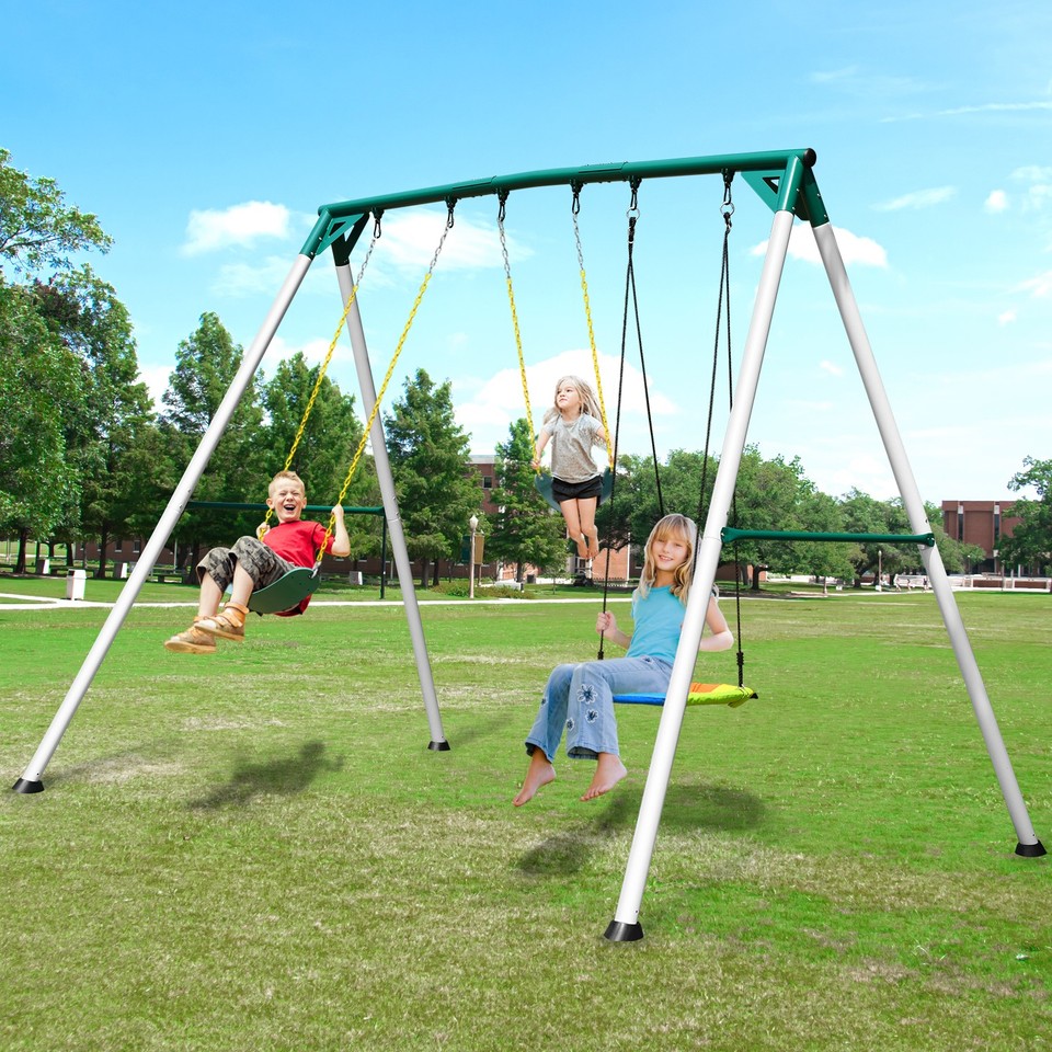 700lbs Heavy Duty 9.5' Metal Swing Set with 3 Swings Kids Adult ...