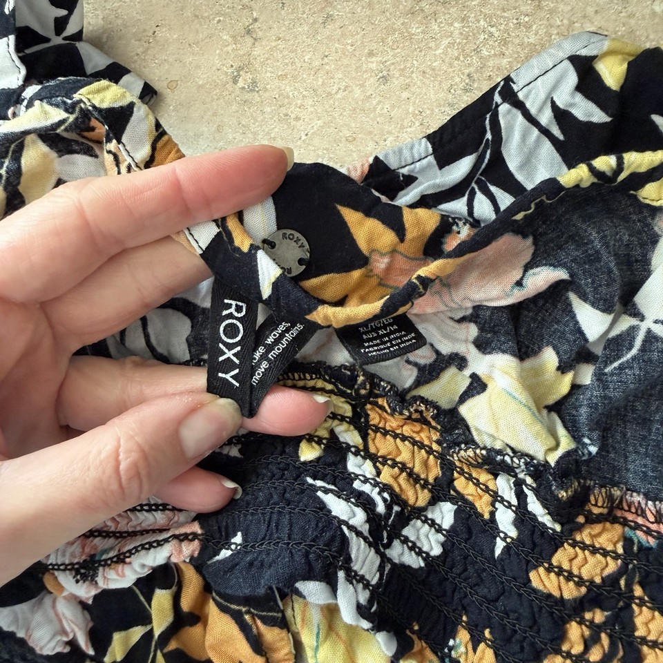 Roxy Womens XL Crop Top Blouse Black Floral Print Tank Smocked Button ...
