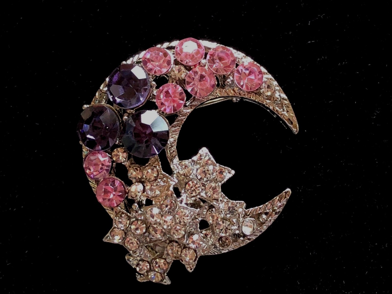 Moon Brooch pin pink purple & clear rhinestones 1.5x1.25 GIFT mothers ...
