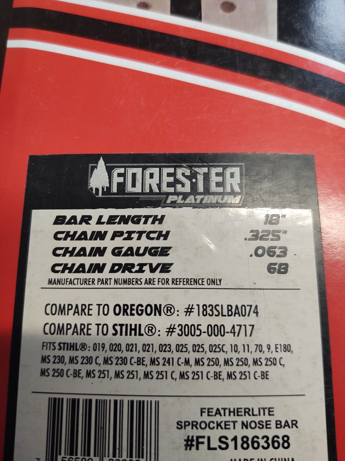 Forester Featherlite 18" .325 063 68DL Bar for Stihl MS210 MS230 MS250 ...