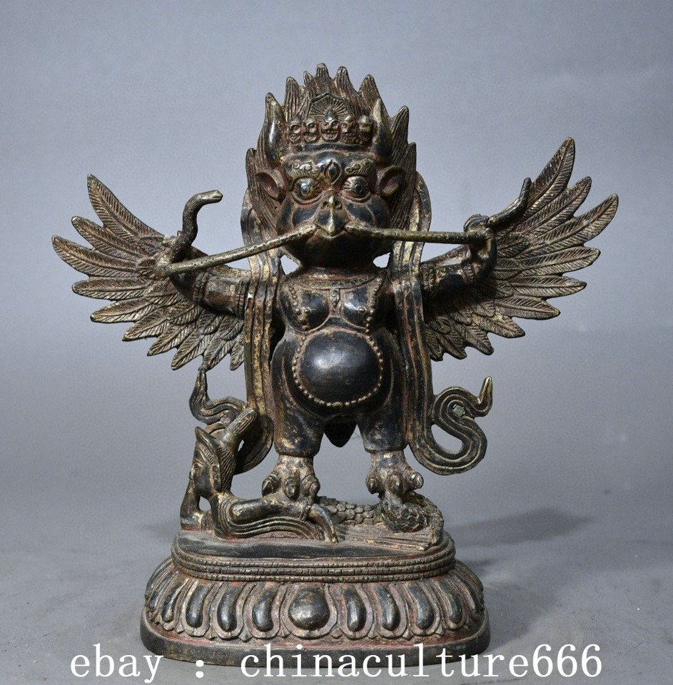 9" Old Dynasty Brass Gilt Redpoll Winged Garuda Bird Eagle Buddha ...