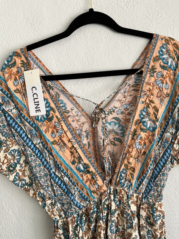 C. Cline Woman Apricot & Blue Floral V- Neck A- Line Dress, Size Small ...