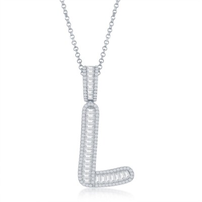 Sterling Silver Baguette CZ 'Extra Large' ' L' Initial Pendant W/Chain ...