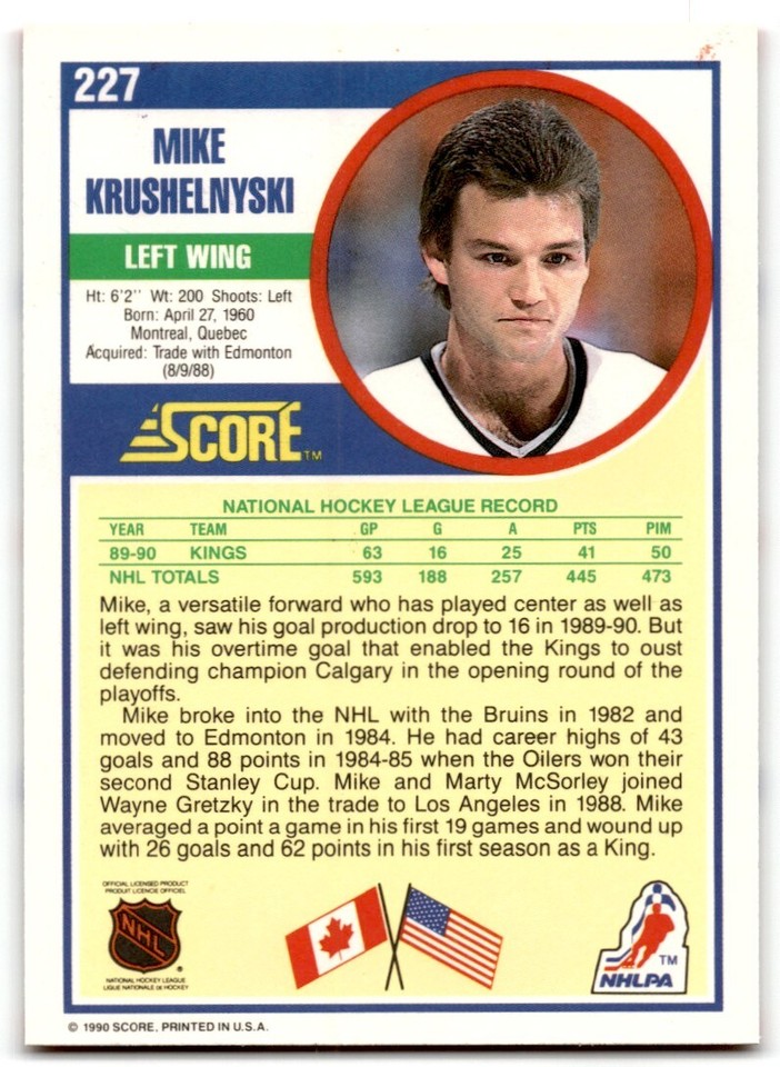 1990-91 Score Mike Krushelnyski Los Angeles Kings #227 | eBay