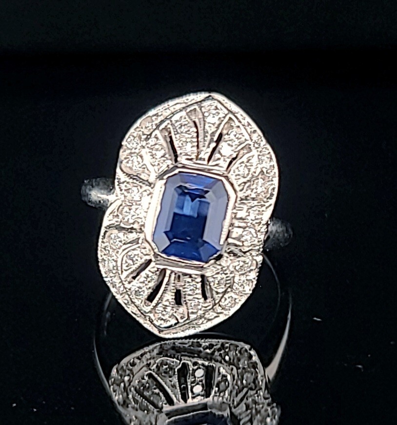 Vintage 14k White Gold Ring 1.57CT. Natural Blue Sapphire Emerald Cut Circ 1950' | eBay