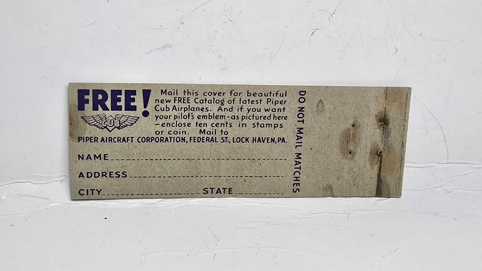Vintage Matchbook Cover - Piper Cub Learn to Fly Airplane Plane Wings ...