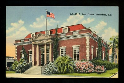 Post Office postcard Florida FL Kissimmee flag flowers trees columns ...