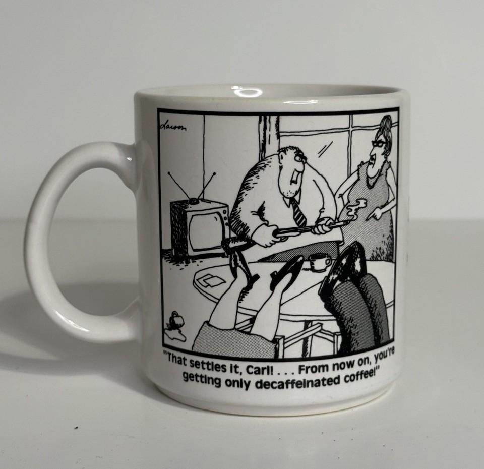 Far Side Coffee Mug Cup 1980 "Decaffeinated" Cartoon Gary Larson Banned ...