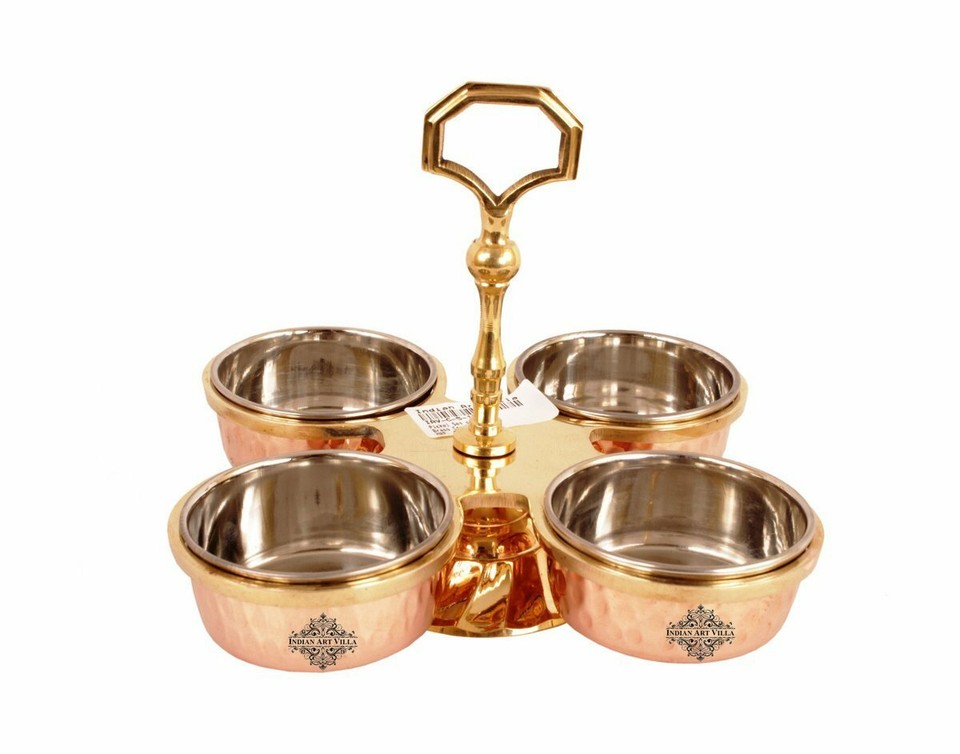 Steel Copper 4 Compartment Condiment Pickle Dry Fruit Bowl Set ...