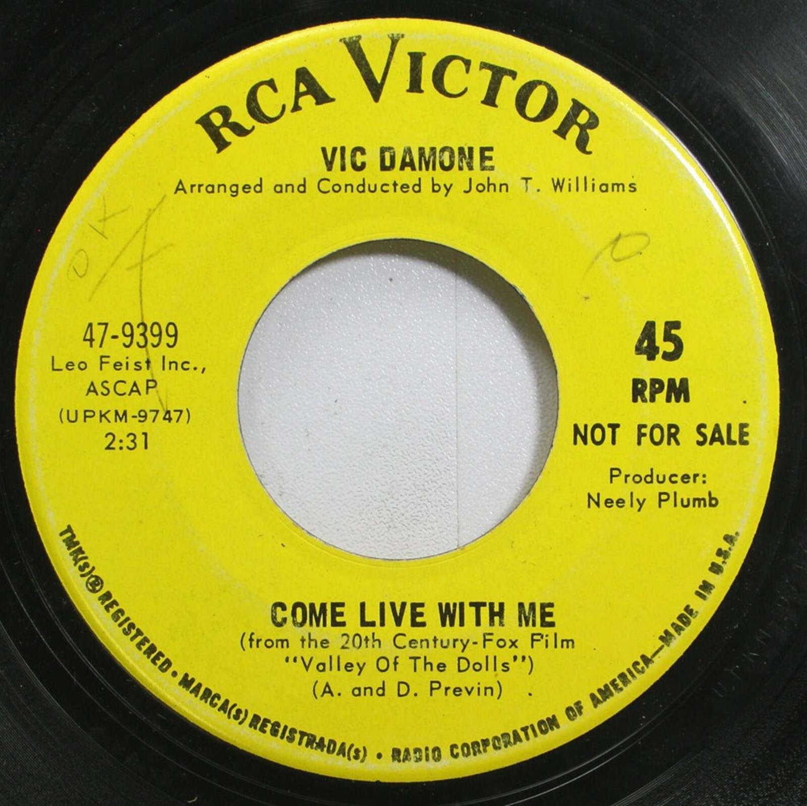 Pop Promo 45 Vic Damone - Come Live With Me / The Glory Of Love On Rca ...