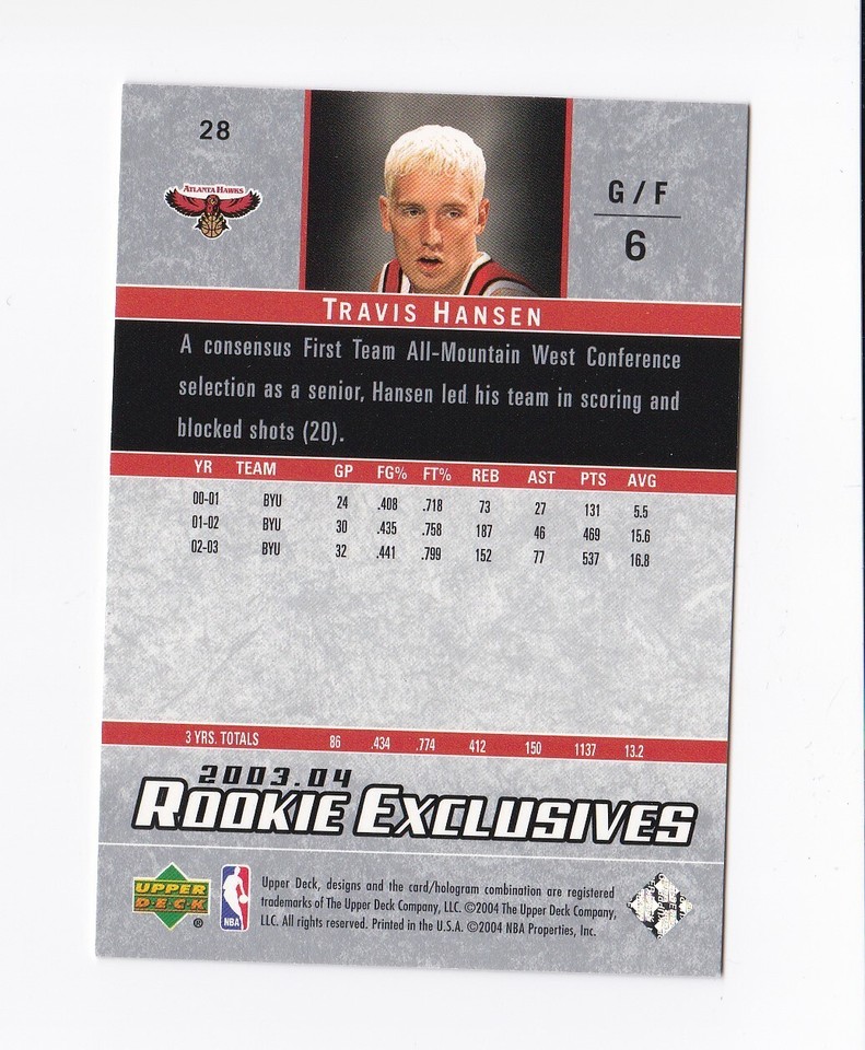 2003-04 Upper Deck Rookie Exclusives #28 Travis Hansen RC BYU Atlanta ...