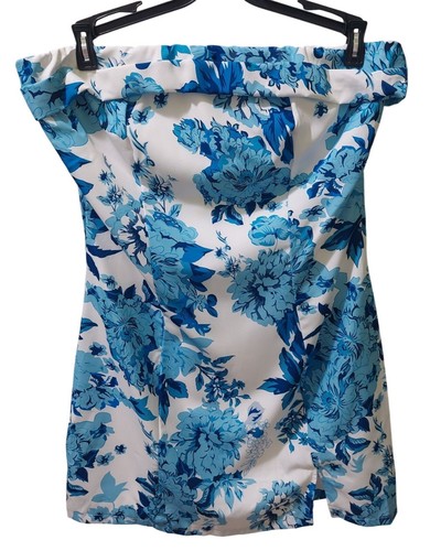 NWT Commense Strapless Blue/White Floral Mini Dress ~ Lined ~Slit ...