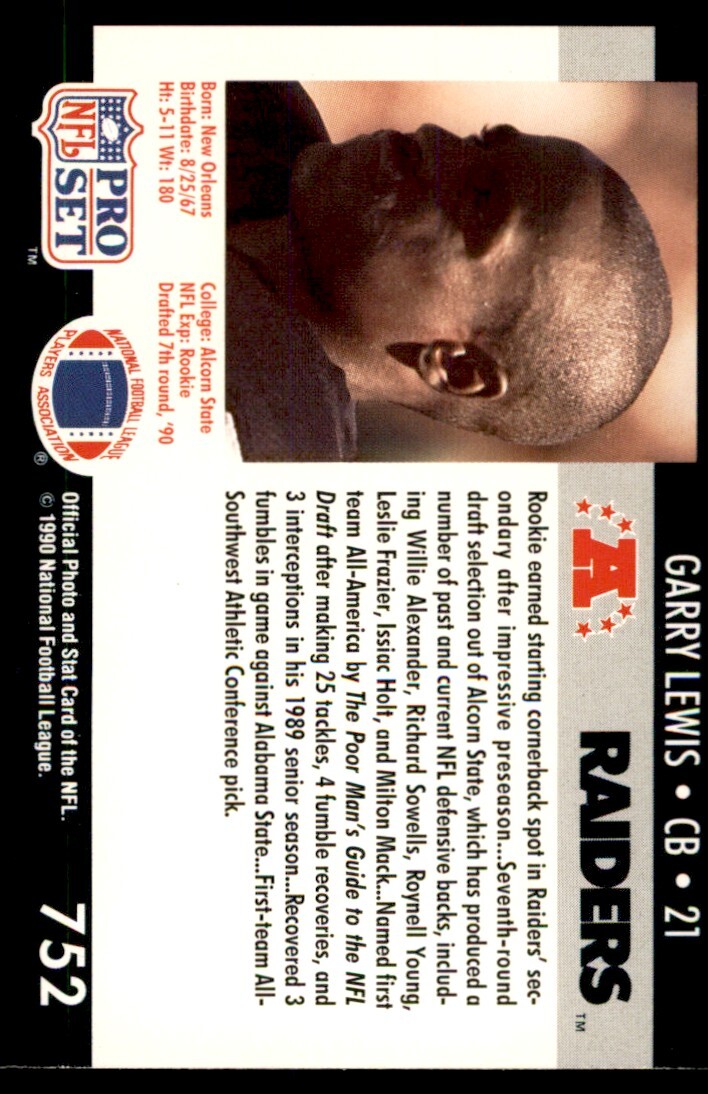1990 Pro Set Garry Lewis Rookie Los Angeles Raiders #752 | eBay