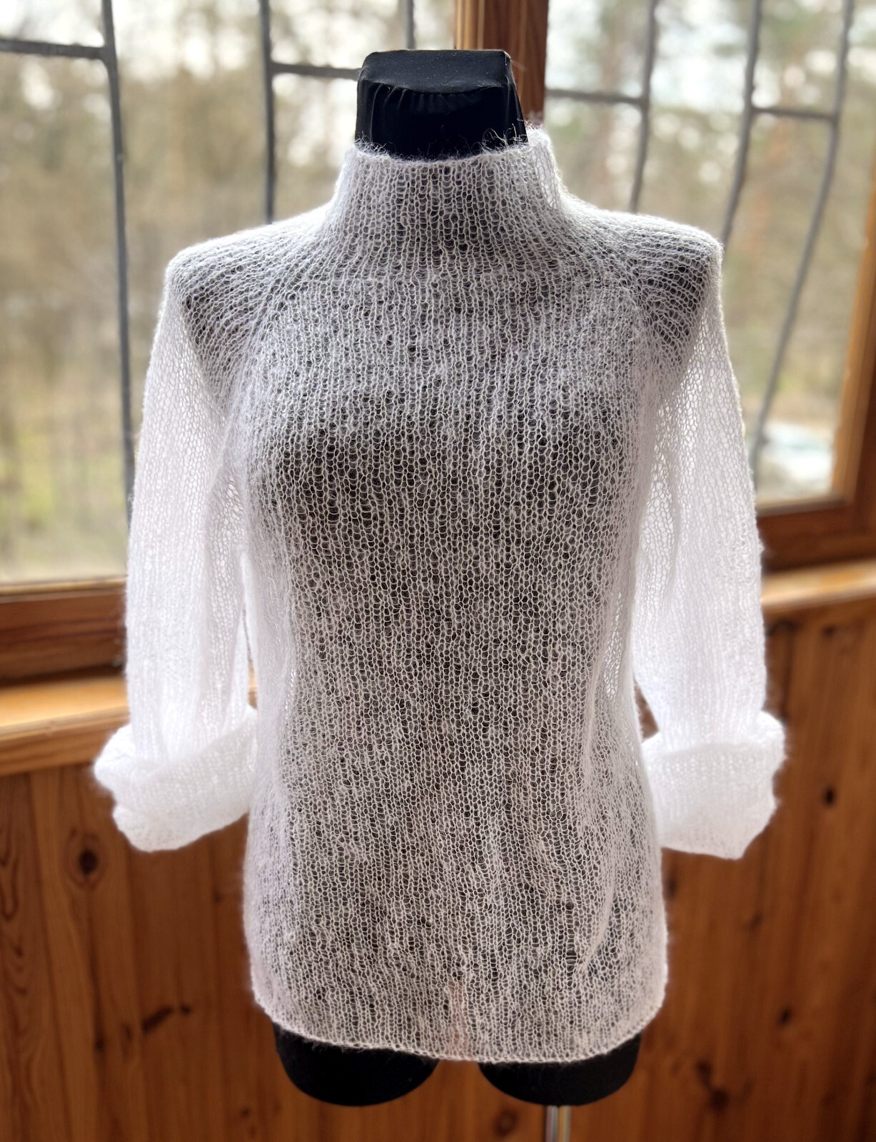 White Fluffy Women Jumper Turtleneck Sweater Mesh Mohair Wool Hand Knit ...