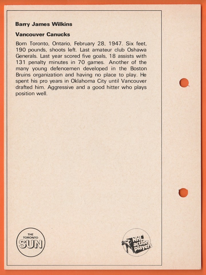 Barry Wilkins (With Logo) 1971-72 Toronto Sun Photos Vancouver Canucks ...