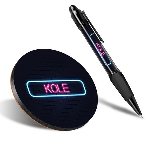 1 x Round Coaster & 1 Pen Neon Sign Design Kole Name #352166 | eBay UK