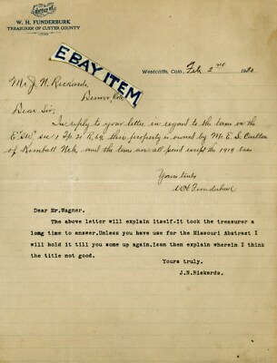 1920 LETTER William H. Funderburk WESTCLIFFE COLORADO J N Rickards ...