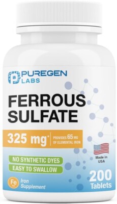 Puregen Labs Ferrous Sulfate 325 mg 65 mg Elemental Iron High Potency ...