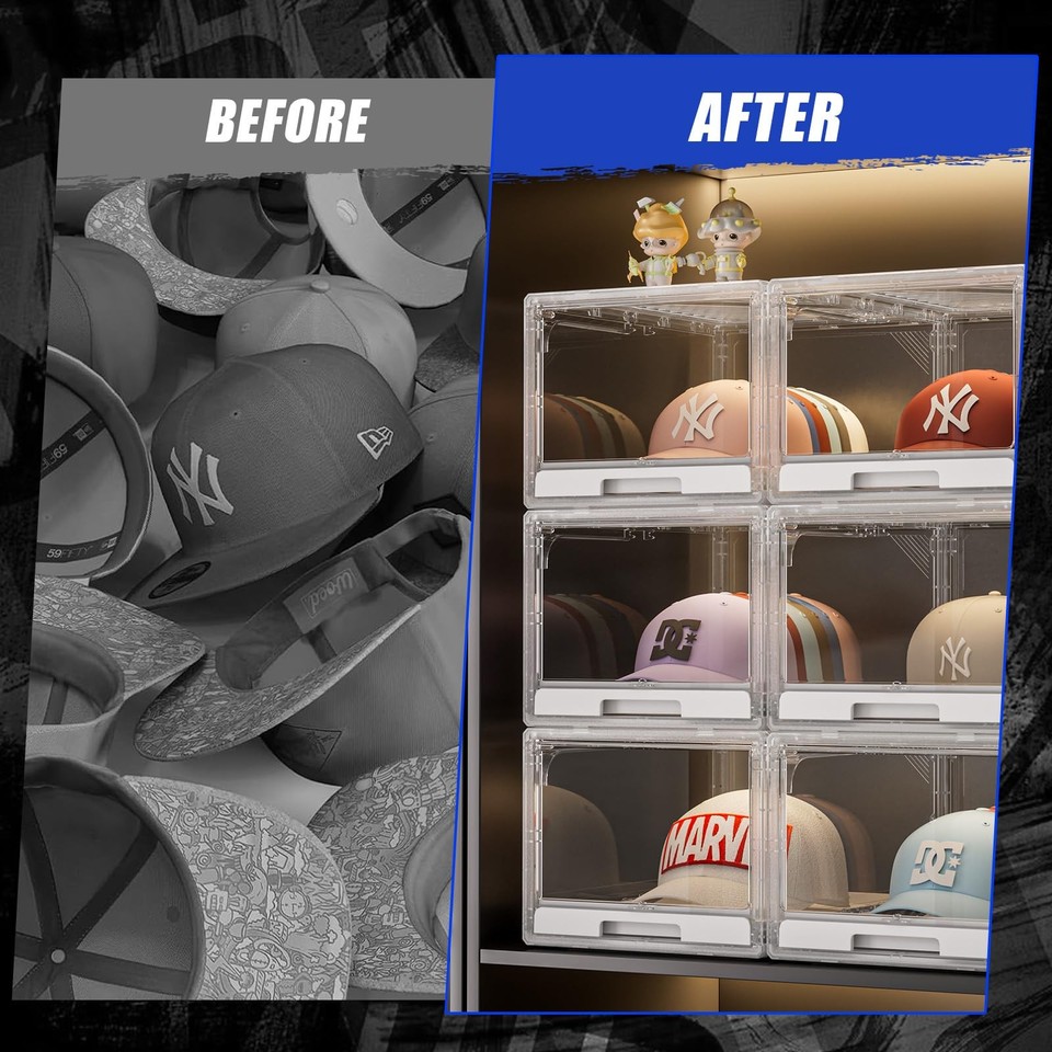 Hat Organizer for Baseball Caps, Stackable Hat Storage Box with Sliding ...