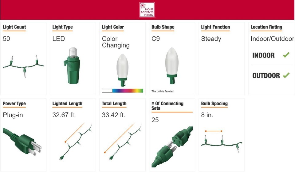 Home Accents 50 LED C9 Color Changing Christmas Lights Warm White or ...