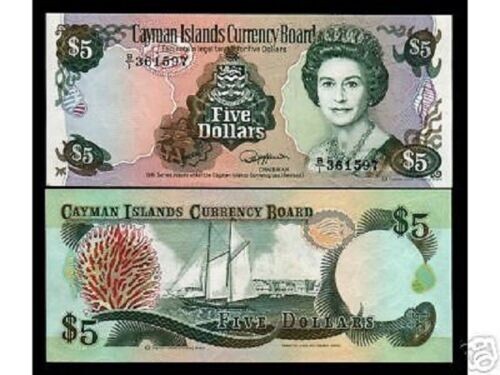 Cayman Islands 5 DOLLARS P-12 1991 QUEEN ♛ Elizabeth QEII UNC Boat ...
