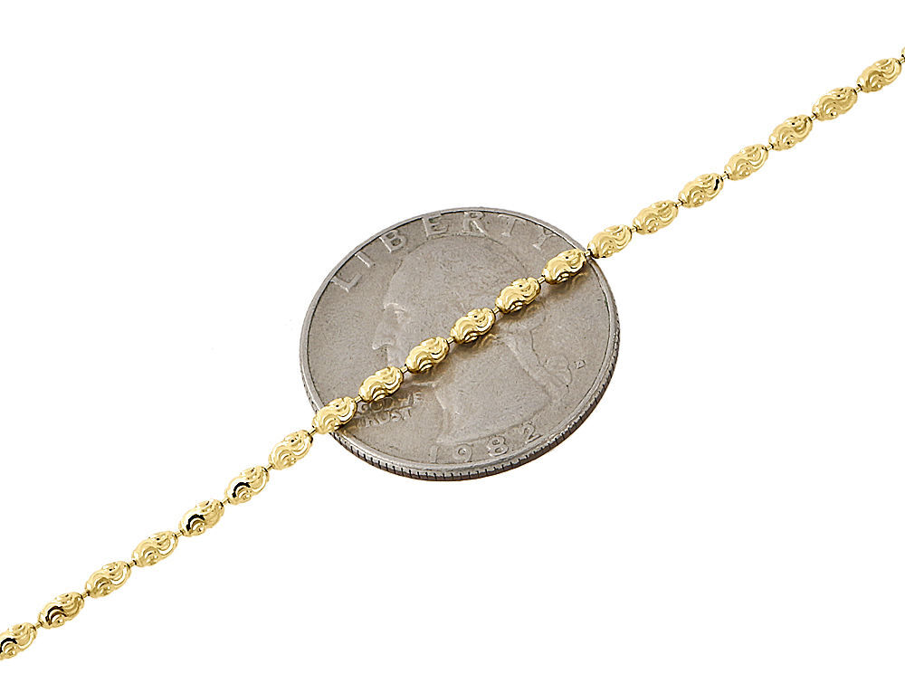 10K Yellow Gold 2MM Rice Typhoon Moon Cut Italian Bead Chain Necklace ...