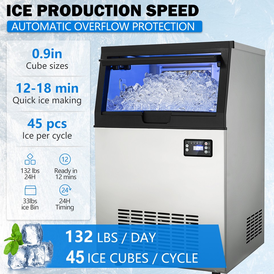 132LB/24H Commercial Built-in Ice Maker Undercounter Freestand Ice Cube ...