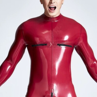 Men's Full Body Latex Tight Jumpsuit Rubber Catsuit with Chest Back zip ...